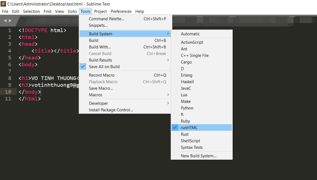 Hướng dẫn Build System chạy HTML trong Sublime Text 3 - sinhvientot.net