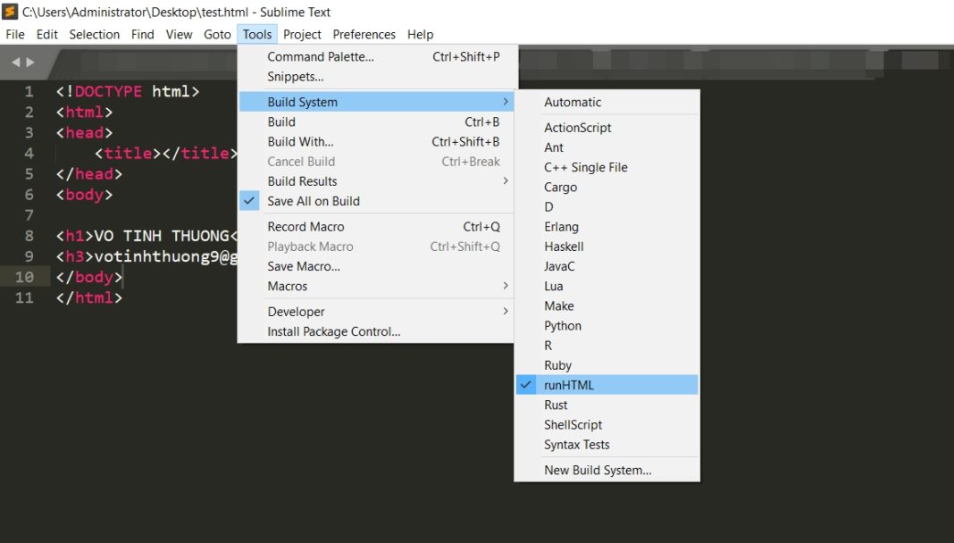 Hướng dẫn Build System chạy HTML trong Sublime Text 3 - sinhvientot.net